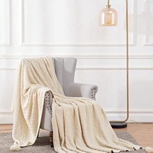 MsteaBenago Crochet Beige White Thick Knitted Blanket,100% Cotton Cable Knit Throw Blanket for Chair,Bed, Sofa & Living Room,Extra Cozy, Machine Washable, Home Decor,Weight:4.87lb.