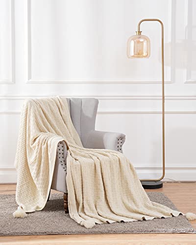 MsteaBenago Crochet Beige White Thick Knitted Blanket,100% Cotton Cable Knit Throw Blanket for Chair,Bed, Sofa & Living Room,Extra Cozy, Machine Washable, Home Decor,Weight:4.87lb.