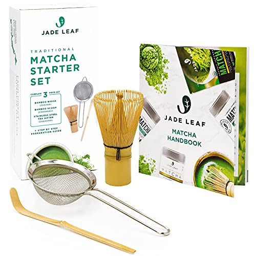 Jade Leaf Traditional Matcha Starter Set - Bamboo Matcha Whisk (Chasen), Scoop (Chashaku), Stainless Steel Sifter, Fully Printed Handbook - Japanese Tea Set