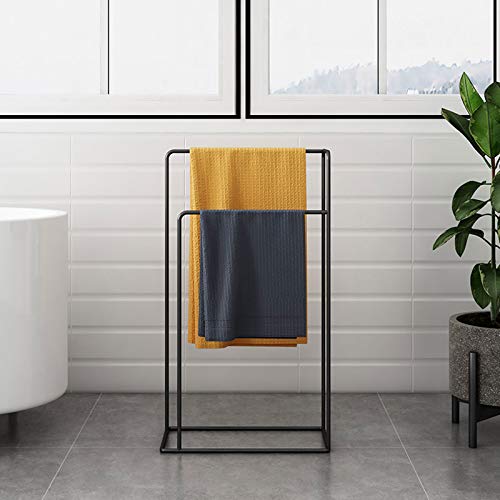 Towel Holder Stand Floor Standing Towel Rack for Bathrooms with 2 Towel Rails Modern Black Freestanding Shelf Storage Metal with Rust-Resistant Finish for Bath Towels and More