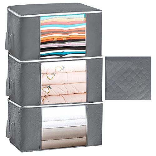 FYY Clothes Storage Bag, 3 Pack 90L Foldable Storage Bin Closet Organizer with Reinforced Handle Sturdy Fabric Clear Window, Clothes Comforters Blankets Bedding Storage Bin with Zipper Grey