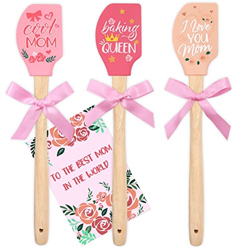 Tuitessine Mother's Day Baking Gift Silicone Spatula Mother 3PCS Kitchen Utensil Idea I Love You Mom for Grandma Wife Heat Resistant Home Mixing Food Grade with Pink Ribbon Bow Housewarming Cookware