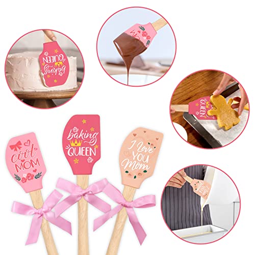 Tuitessine Mother's Day Baking Gift Silicone Spatula Mother 3PCS Kitchen Utensil Idea I Love You Mom for Grandma Wife Heat Resistant Home Mixing Food Grade with Pink Ribbon Bow Housewarming Cookware