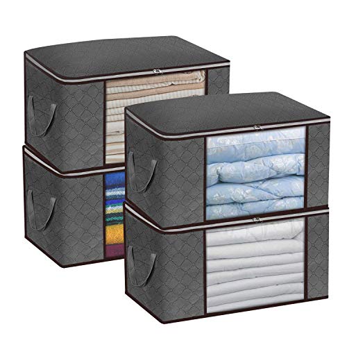 Large Storage Bags,Foldable Organizers Closet with Reinforced Handle Thick Fabric for Comforters,Clothes,Bedding，Blankets,with Double Sturdy Zipper, Clear Window,90L,Grey - 4Pack