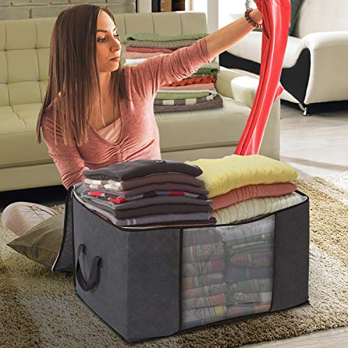 Large Storage Bags,Foldable Organizers Closet with Reinforced Handle Thick Fabric for Comforters,Clothes,Bedding，Blankets,with Double Sturdy Zipper, Clear Window,90L,Grey - 4Pack