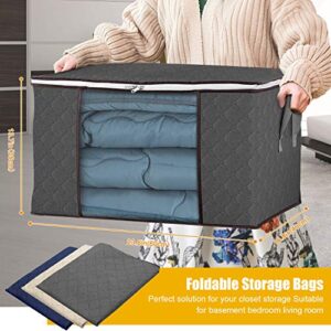 Large Storage Bags,Foldable Organizers Closet with Reinforced Handle Thick Fabric for Comforters,Clothes,Bedding，Blankets,with Double Sturdy Zipper, Clear Window,90L,Grey - 4Pack