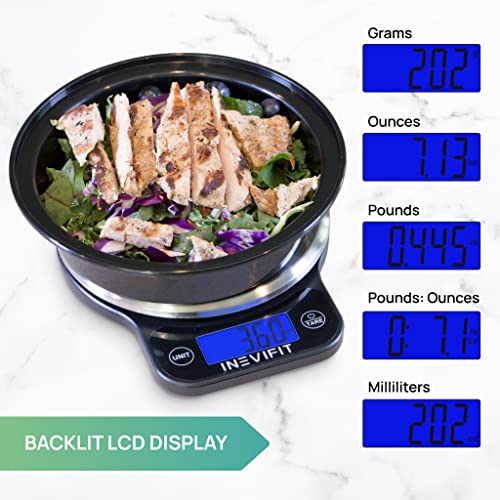 INEVIFIT Digital Kitchen Scale, Highly Accurate Multifunction Food Scale 13 lbs 6kgs Max, Clean Modern Black with Premium Stainless Steel Finish. Includes Batteries