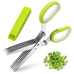 herb scissors, x-chef multipurpose 5 blade kitchen herb shears herb cutter with safety cover and cleaning comb for chopping basil chive parsley (green)