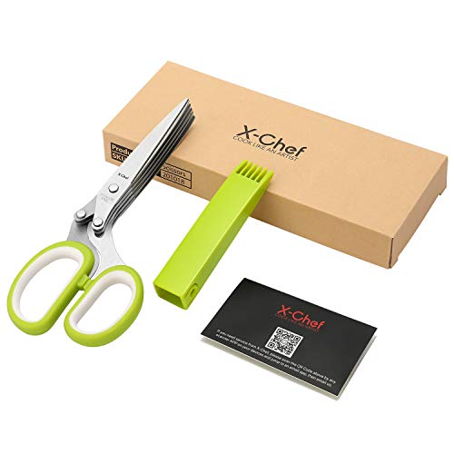 Herb Scissors, X-Chef Multipurpose 5 Blade Kitchen Herb Shears Herb Cutter with Safety Cover and Cleaning Comb for Chopping Basil Chive Parsley (Green)