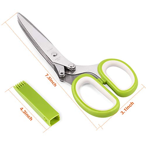 Herb Scissors, X-Chef Multipurpose 5 Blade Kitchen Herb Shears Herb Cutter with Safety Cover and Cleaning Comb for Chopping Basil Chive Parsley (Green)