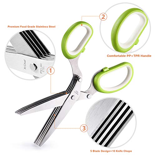 Herb Scissors, X-Chef Multipurpose 5 Blade Kitchen Herb Shears Herb Cutter with Safety Cover and Cleaning Comb for Chopping Basil Chive Parsley (Green)