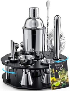 bokhot bartender kit, 14 piece cocktail shaker set stainless steel bar tools with rotating stand, 25 oz shaker tins, jigger, spoon, pourers, muddler, strainer, tongs, bottle stoppers, opener, recipes