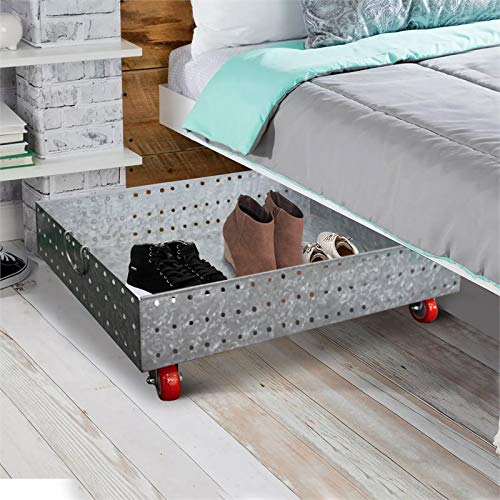 Benjara Galvanized Rectangular Under Bed Storage Drawer Organizer with Wheels and Holes, Silver