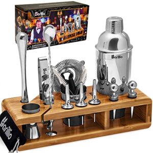 elite mixology bartender kit cocktail shaker set by barillio: drink mixer set with bar tools, sleek bamboo stand, velvet carry bag & recipes booklet