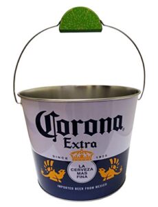 the tin box company corona beverage bucket with wire handle and lime grip, white and blue