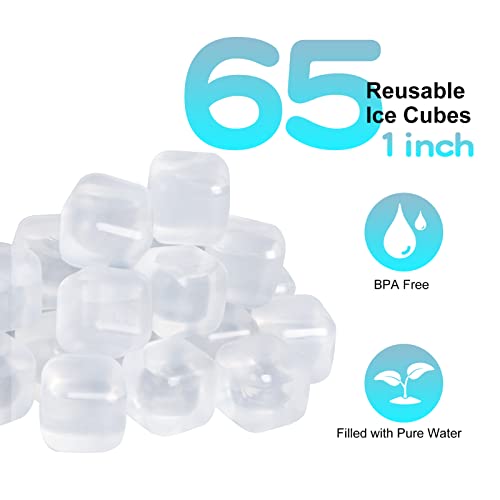 Tngan Reusable Ice Cube, 65 Pack Reusable Ice Cubes for Drinks, Washable Non-Melting Plastic Ice Cubes BPA Free, Refreezable Ice Cubes for Whiskey, Cocktails, Wine, Coffee (Transparent)