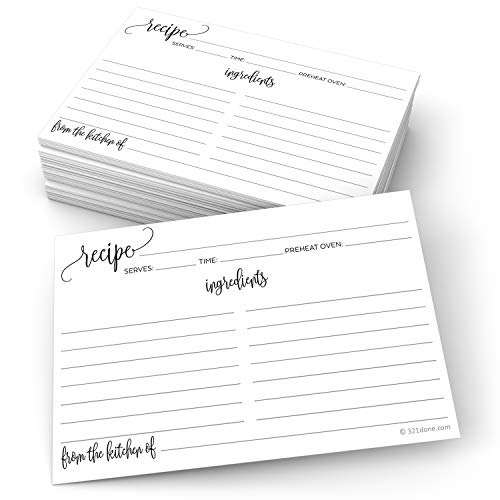 321Done Recipe Cards with From the Kitchen Of (Set of 50) 4" x 6" - Black and White Modern Minimalist, Large Double-Sided for Weddings, Bridal Shower - Made in USA