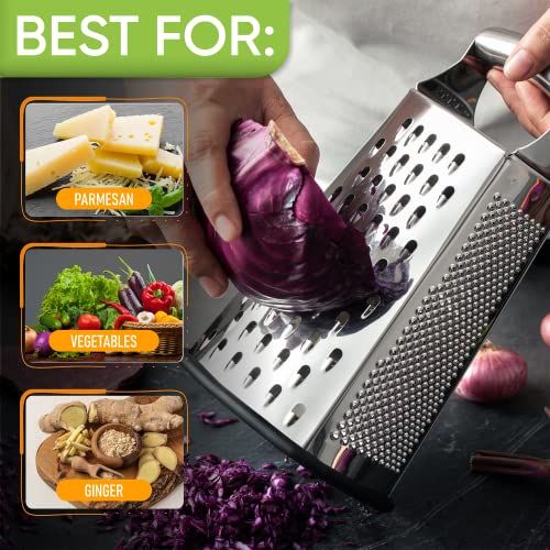 Spring Chef Box Grater, Stainless Steel with 4 Sides, Best for Parmesan Cheese, Vegetables, Ginger, Large Size