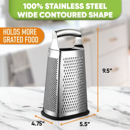 Spring Chef Box Grater, Stainless Steel with 4 Sides, Best for Parmesan Cheese, Vegetables, Ginger, Large Size