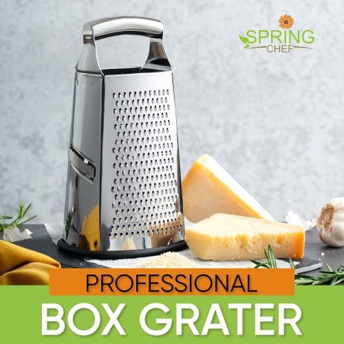 Spring Chef Box Grater, Stainless Steel with 4 Sides, Best for Parmesan Cheese, Vegetables, Ginger, Large Size