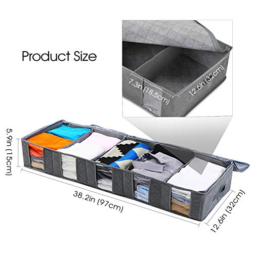 Under Bed Storage Clothes Organizer with Clear Window, 3 pack Foldable Underbed Containers with Reinforced Handle for Clothing, Blankets, Shoes, Toys(Grey)