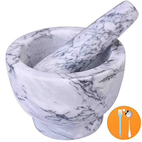 Mortar and Pestle Set, Guacamole Bowl Polished Natural Marble Stone, Grinder and Crusher, with Silicone Mat & Spoon-300ML(Light White Gray)