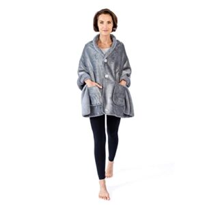 EzrAllora Grey Poncho Blanket for Women - No Sleeves - Fleece Wrap Shawl with Pockets - Wearable Throw Blanket - Warm Sherpa Throw - Lap Blanket -Gift for Mom and Grandma