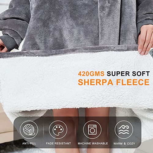 Cozystar Wearable Blanket Hoodie with Giant Pocket （Pet Won't Leave） Extra Soft Sherpa Fleece Thick Warm ＆ Cozy Oversized Sweatshirt Blanket Jacket with Sleeves Gifts for Adult Men Women - Grey