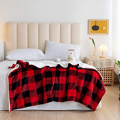 NEWCOSPLAY Sherpa Fleece Throw Blanket Super Soft Plush Warm Reversible Flannel Blanket for Couch Bed (Thick-Black/Red, Throw(50"x60"))