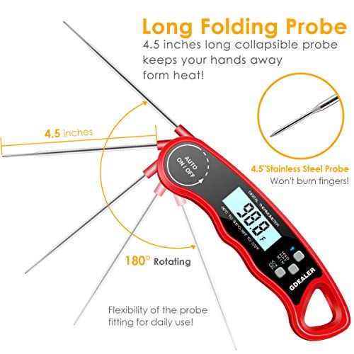 GDEALER Meat Thermometer Digital Instant Read Thermometer Ultra-Fast Cooking Food Thermometer with 4.6” Folding Probe Calibration Function for Kitchen Milk Candy, BBQ Grill, Smokers (A-Red)