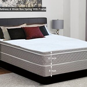 Mattress Comfort Medium Plush Eurotop Pillowtop Innerspring Mattress and 8" Wood Boxspring/Foundation Set, with Frame, Queen Size