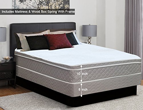 Mattress Comfort Medium Plush Eurotop Pillowtop Innerspring Mattress and 8" Wood Boxspring/Foundation Set, with Frame, Queen Size