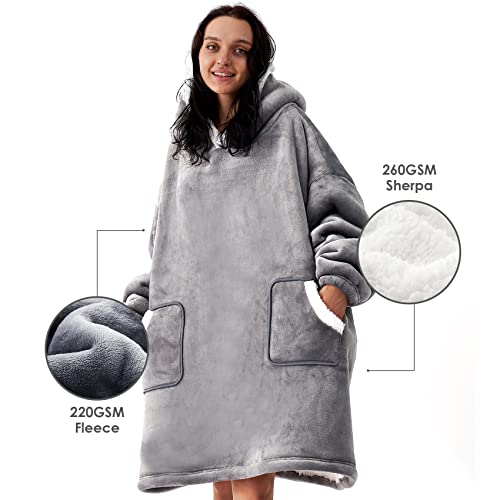 EHEYCIGA Wearable Blanket Hoodie for Women Men and Kids, Reversible Flannel Fleece Ultra Soft Plush Fuzzy Warm Sherpa Blanket Hoodie for Adult with Big Pockets, Grey, Extended Oversize