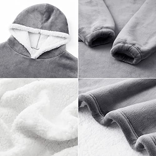 EHEYCIGA Wearable Blanket Hoodie for Women Men and Kids, Reversible Flannel Fleece Ultra Soft Plush Fuzzy Warm Sherpa Blanket Hoodie for Adult with Big Pockets, Grey, Extended Oversize