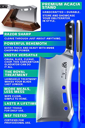 Dalstrong Obliterator Meat Cleaver - 9 inch - Gladiator Series R - Wood Stand and Sheath - Razor Sharp Massive Heavy Duty - 3lbs 6mm Thickness - 7CR17MOV Steel Kitchen - G10 Handle - NSF Certified