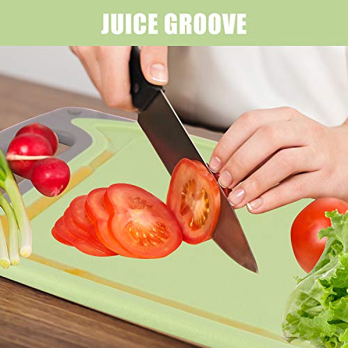 Cutting Boards for Kitchen, Plastic Chopping Board Set of 4 with Non-Slip Feet and Deep Drip Juice Groove, Easy Grip Handle, Dishwasher Safe, BPA Free, Non-porous(Green/Gray)