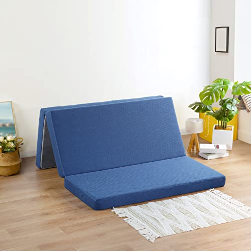 Olee Sleep 4 Inch Tri Folding Memory Foam Topper Blue, Full