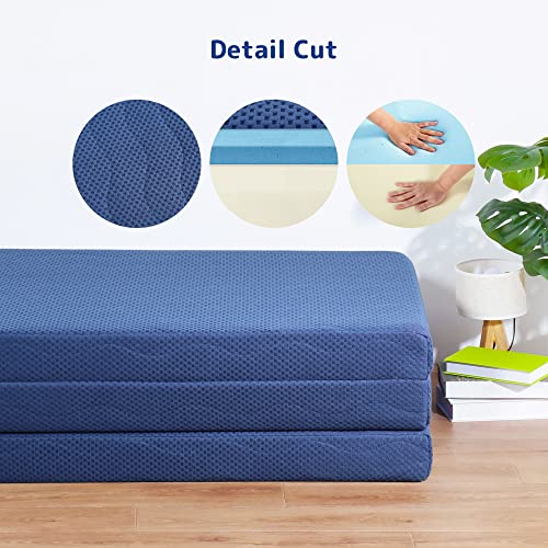 Olee Sleep 4 Inch Tri Folding Memory Foam Topper Blue, Full