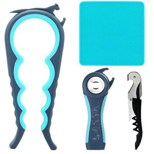 latest jar opener bottle opener for weak hands,seniors with arthritis,low strength and children, multi opener set with rubber jar gripper pad and corkscrew wine opener