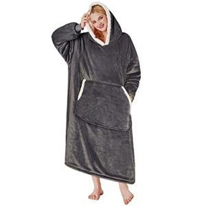 yescool oversized wearable blanket hoodie, flannel sherpa fleece blanket sweatshirt for adults women men, big plush cozy hooded blanket with hood, pocket & sleeves, one size fits all (grey)