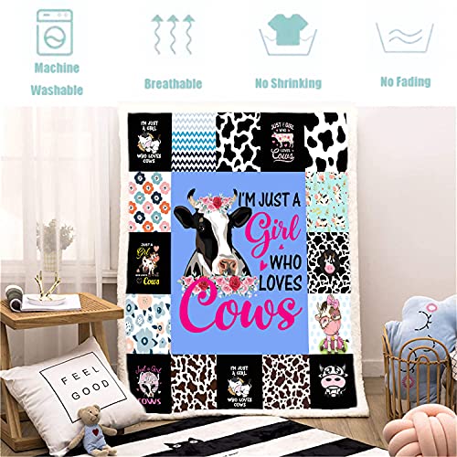 Cow Print Blanket I'm Just A Girl Who Loves Cows Blue Cute Cows Throw Blankets Cartoons Super Soft Sherpa Blanket for Women Summer Fleece Fuzzy Blanket Splicing Cotton Home Bedding (Blue，(59 x 79 in))