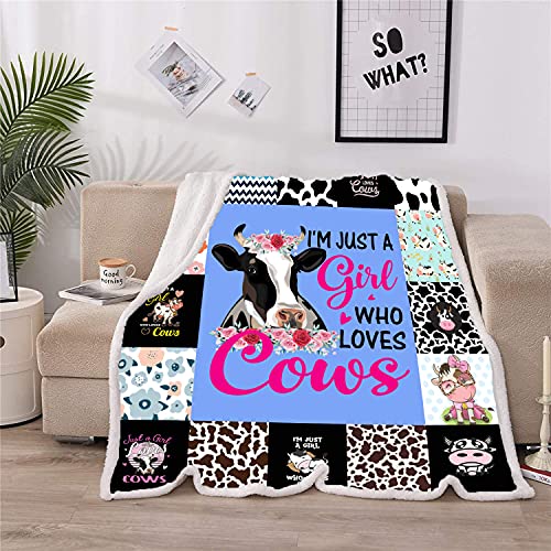 Cow Print Blanket I'm Just A Girl Who Loves Cows Blue Cute Cows Throw Blankets Cartoons Super Soft Sherpa Blanket for Women Summer Fleece Fuzzy Blanket Splicing Cotton Home Bedding (Blue，(59 x 79 in))