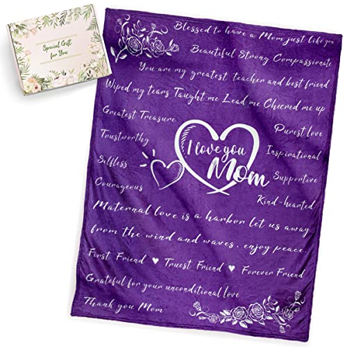 CHEERHOUR Mom Gifts from Daughter Son on Mothers Day - I Love You Mom Blanket 65x50 - Gifts for Mom Who Has Everything - Last Minute Mother Gifts Basket Ideas for Wife - Purple