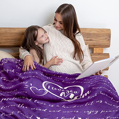 CHEERHOUR Mom Gifts from Daughter Son on Mothers Day - I Love You Mom Blanket 65x50 - Gifts for Mom Who Has Everything - Last Minute Mother Gifts Basket Ideas for Wife - Purple