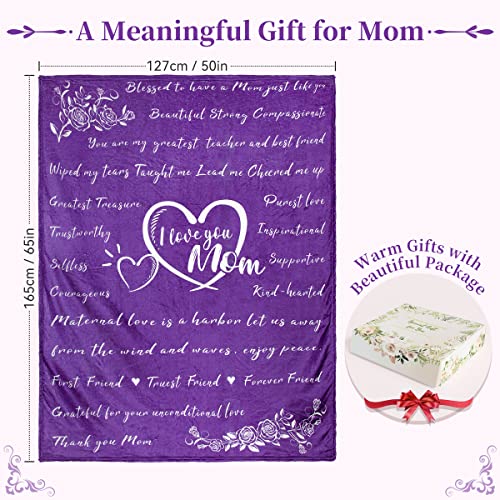 CHEERHOUR Mom Gifts from Daughter Son on Mothers Day - I Love You Mom Blanket 65x50 - Gifts for Mom Who Has Everything - Last Minute Mother Gifts Basket Ideas for Wife - Purple