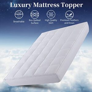 HOMBYS Queen Size Feathers & Down Mattress Pad Cover, Luxury Extra Thick Fluffy Pillow Top Mattress Topper, Fitted Deep Pocket Quilted Bed Topper with 100% Cotton Fabric, Hotel Collection(White,Queen)