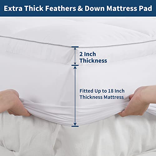 HOMBYS Queen Size Feathers & Down Mattress Pad Cover, Luxury Extra Thick Fluffy Pillow Top Mattress Topper, Fitted Deep Pocket Quilted Bed Topper with 100% Cotton Fabric, Hotel Collection(White,Queen)