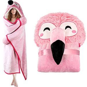 flamingo wearable hooded blanket for adults – pink fuzzy super soft warm cozy plush flannel fleece & sherpa hoodie throw cloak wrap - flamingo gifts for women adults girls and kids