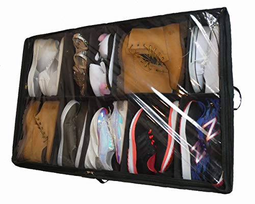 BENIZZA Under Bed Shoe and Clothes Storage Organizer - Customizable & Adjustable Dividers, Perfect Container for Under Bed or Closets, Sturdy Sides and Bottom, Large Shoes, Kids Men Women (Black)