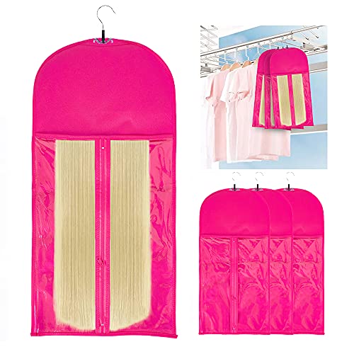 Wig Bags Storage with Hanger - 3 Packs Wig Storage for Multiple Wigs Hair Extension Storage Bag Hairpieces Storage Holder (Rose)